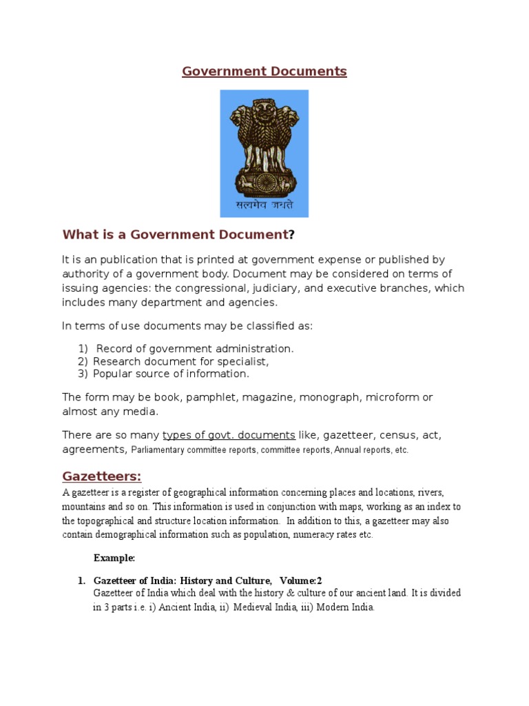 Government Documents: Example: 1. Gazetteer of India: History and ...