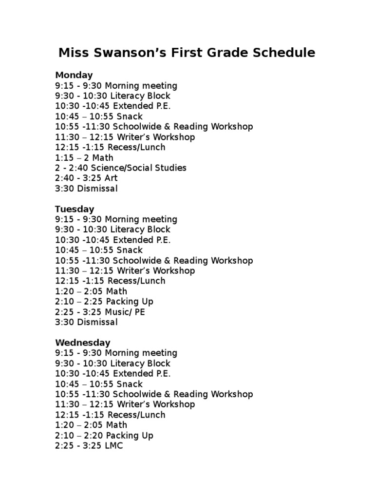 Miss Swanson's First Grade Weekly Schedule | PDF