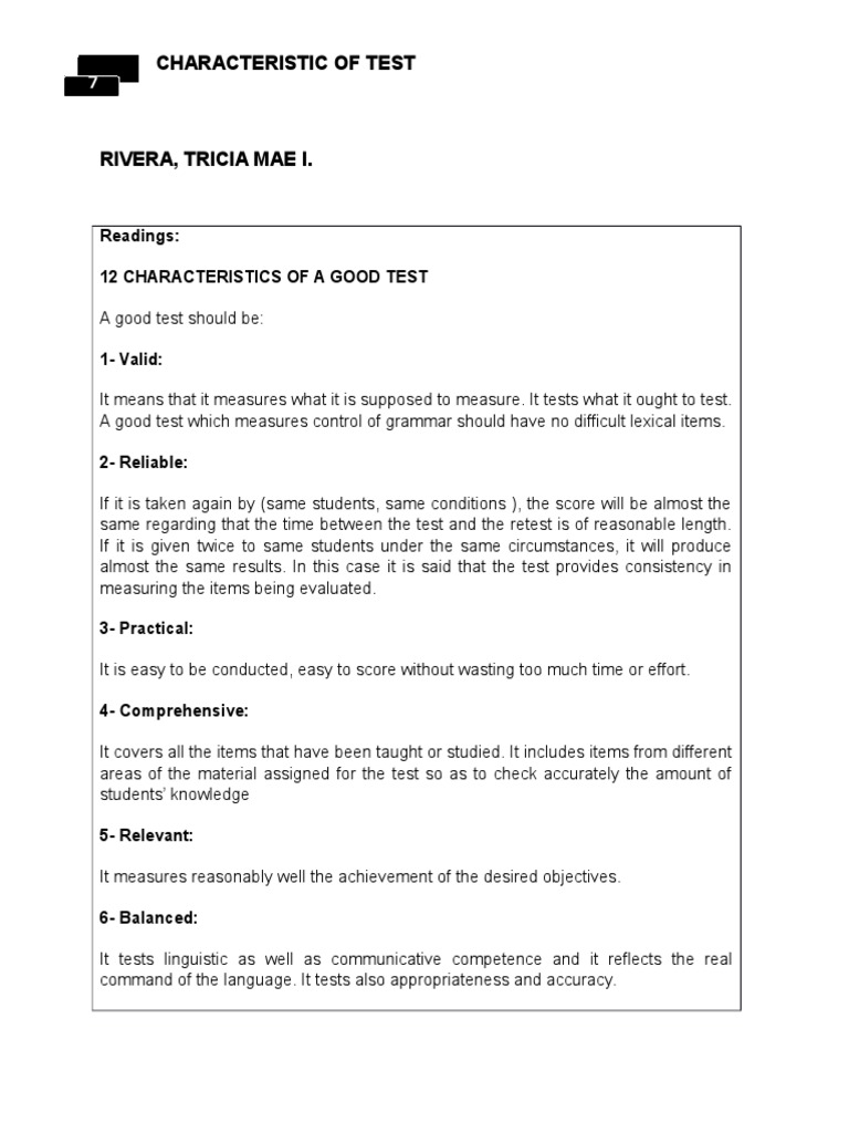 12 Characteristics of A Good | PDF | Test (Assessment) | Validity ...