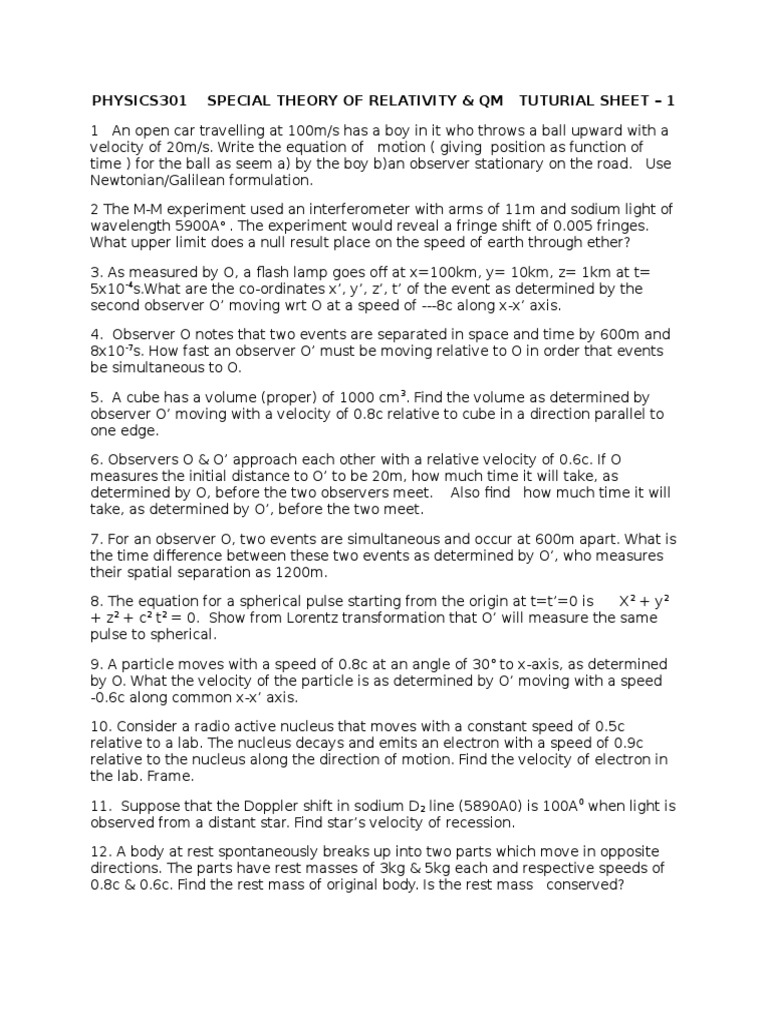 Special Theory of Relativity & QM Tuturial Sheet | Download Free PDF ...