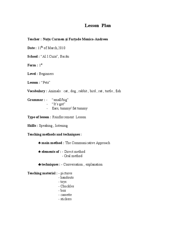 Lesson Plan Pets | Download Free PDF | Lesson Plan | Neuropsychological ...