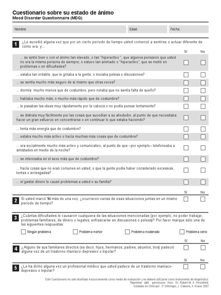 MDQ (Mood Disorder Questionnaire) | PDF | Desorden bipolar | Diagnóstico psiquiátrico