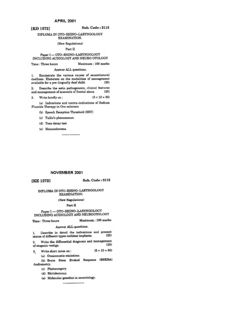 Ent Question Paper | PDF | Otology | Hearing Loss