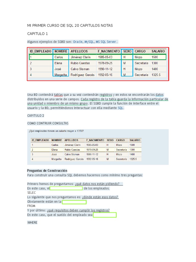 Mi Primer Curso de SQL 20 Capitulos Notas | PDF | SQL | Tabla (base de ...