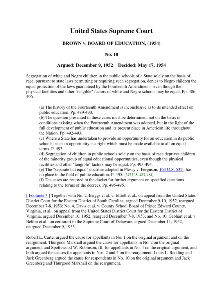 Brown V Board of Education (FULL TEXT) | PDF | Brown V. Board Of ...