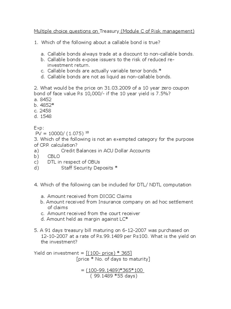 Multiple Choice Questions On Treasury | PDF | Bonds (Finance) | Yield ...