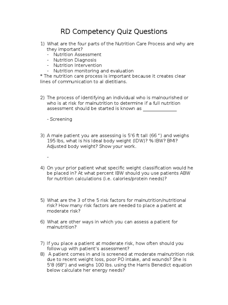 RD Competency Quiz Overview | PDF | Nutrition | Diet & Nutrition
