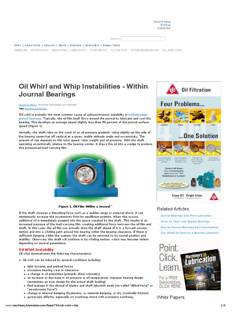 Oil Whirl and Whip Instabilities - Within Journal Bearings PDF | PDF ...