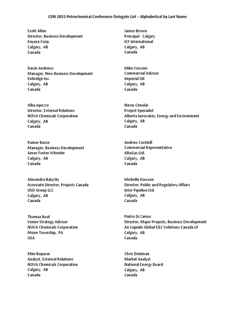 CERI 2015 Petrochemical Conference Delegate List | PDF | Edmonton | Canada