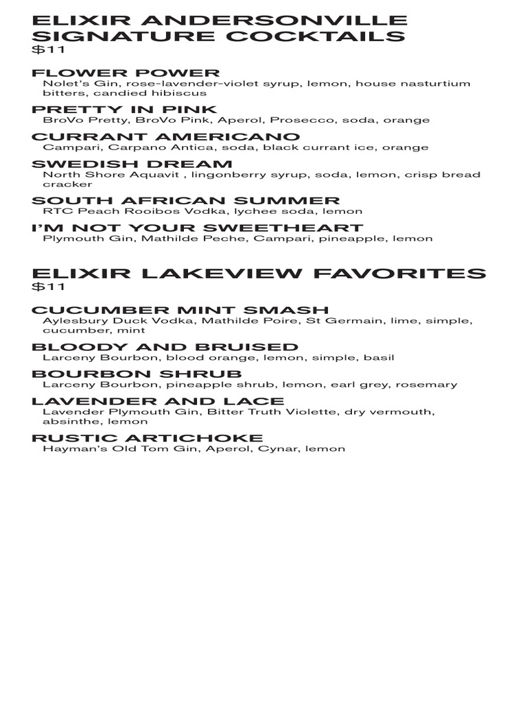Elixir Beverage Menu | PDF | Cooking, Food & Wine