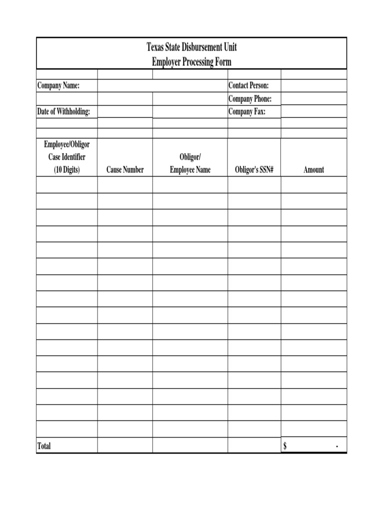 Texas State Disbursement Unit Employer Processing Form | PDF