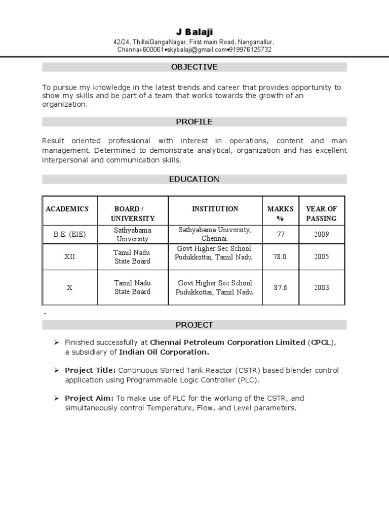 J Balaji (EIE Resume) | PDF | Programmable Logic Controller