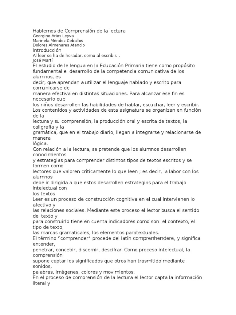 Hablemos de Comprensión de La Lectura | PDF | Lectura (proceso ...