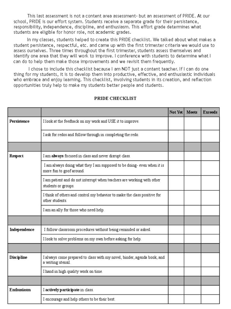 Pride Checklist: Not Yet Meets Exceeds Persistence | PDF | Wellness
