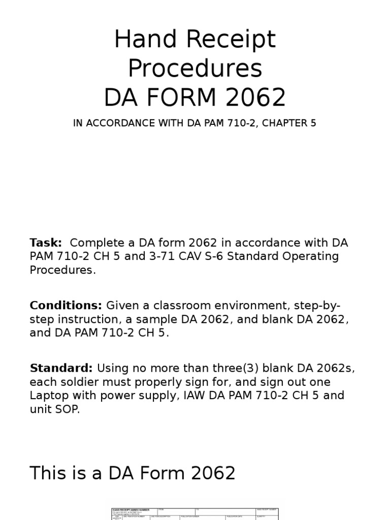 Hand Receipt Procedures DA FORM 2062: in Accordance With Da Pam 710-2 ...