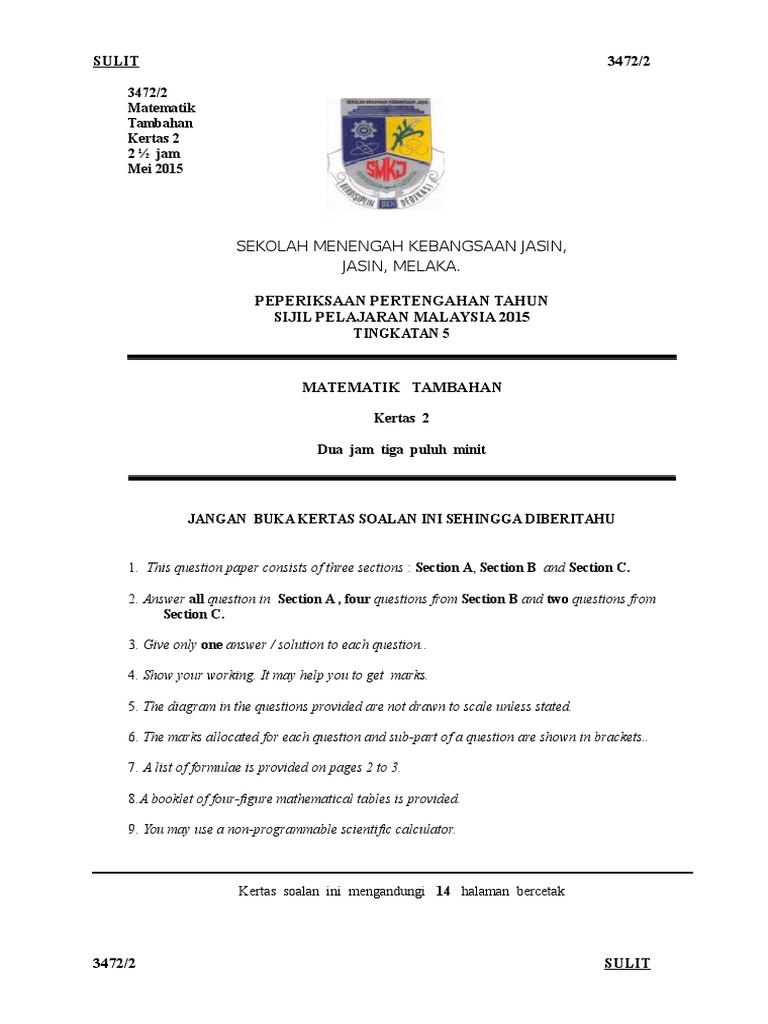 Add Math Mid Year SPM Form 5 P2 2015 | PDF | Line (Geometry ...