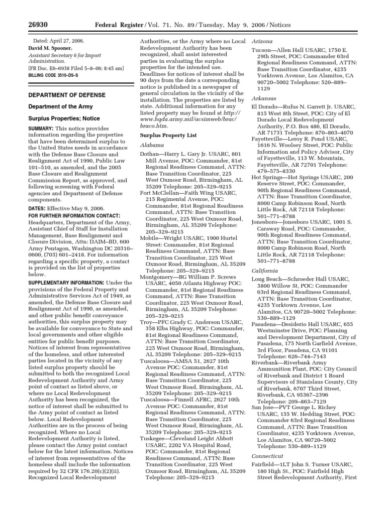 Notice: Defense Base Closure and Realignment Act: Surplus Properties ...