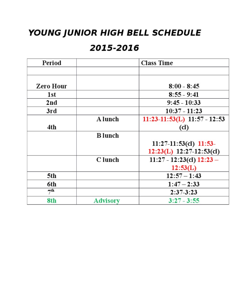 Young Junior High Bell Schedule 2015-2016 | PDF | Language Arts ...