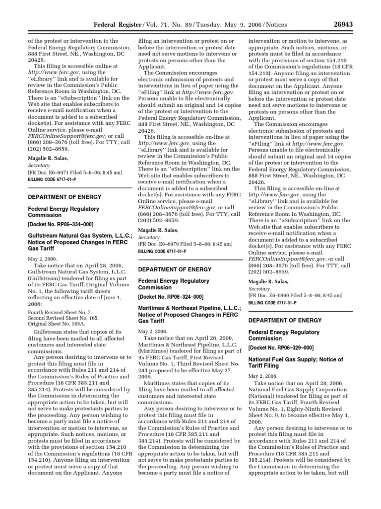 FERC Gas Tariff Filing Notices | PDF