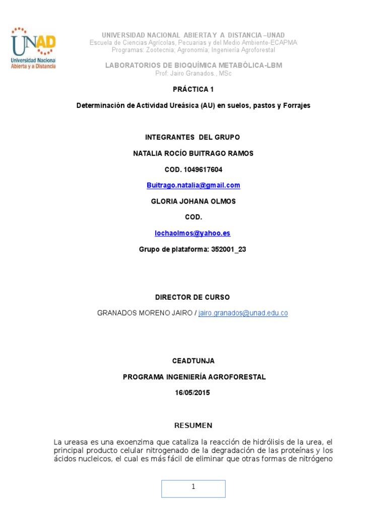 Determinación de la actividad enzimática de la ureasa en suelos y ...