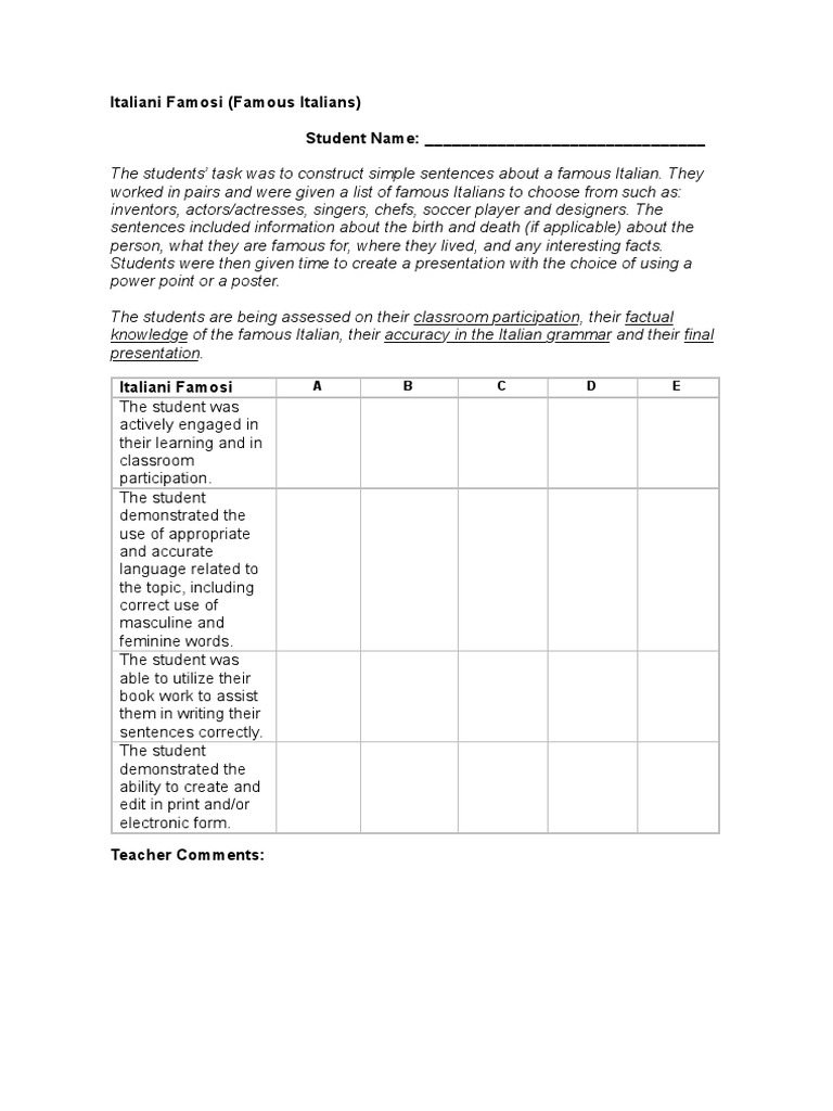 Assessment Rubric Italian | PDF