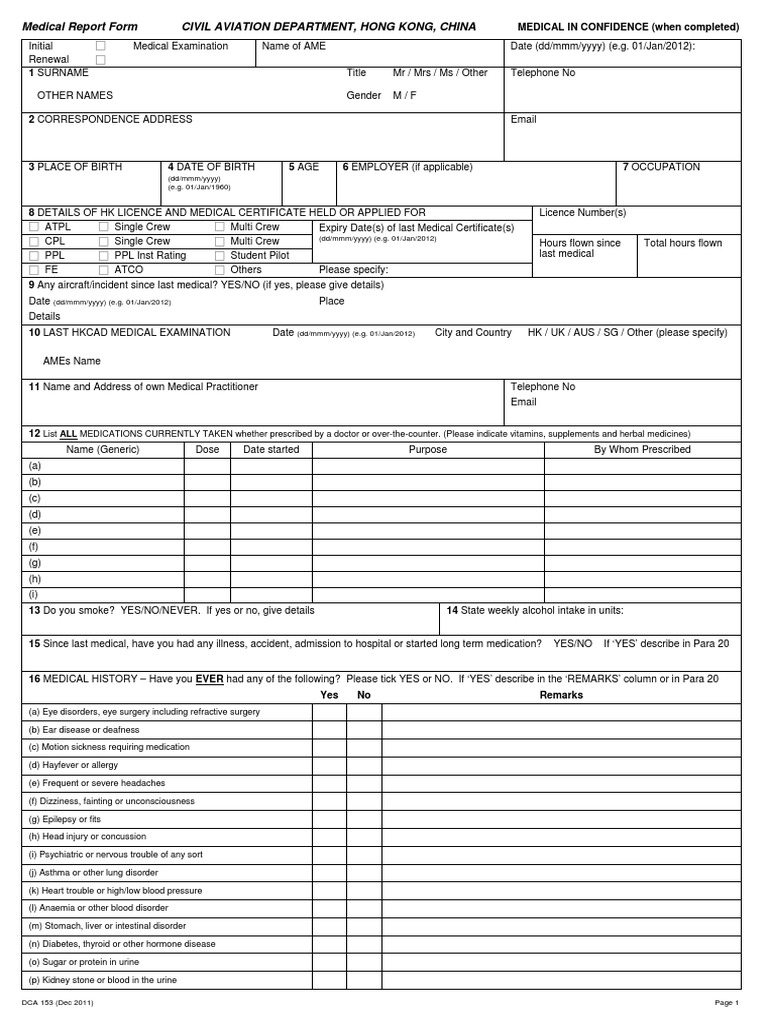 Class 1 Medical Report Form HKCAD | PDF | Glasses | Physical Examination