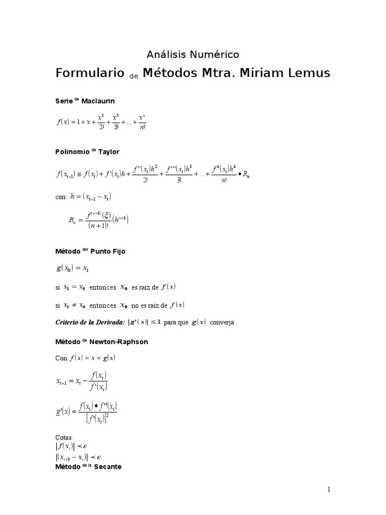 Métodos Numéricos - Formulario de Métodos | PDF | Matemáticas De La Computación | Funciones y mapeos