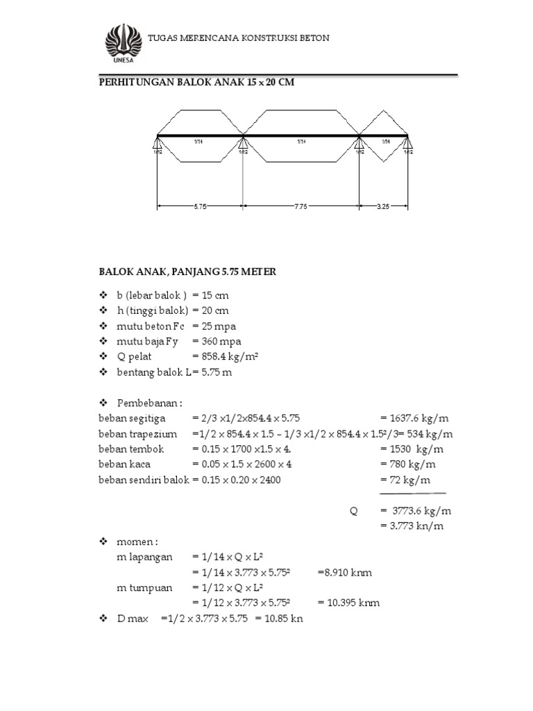 Perhitungan Balok Anak Beton 15x20 cm | PDF