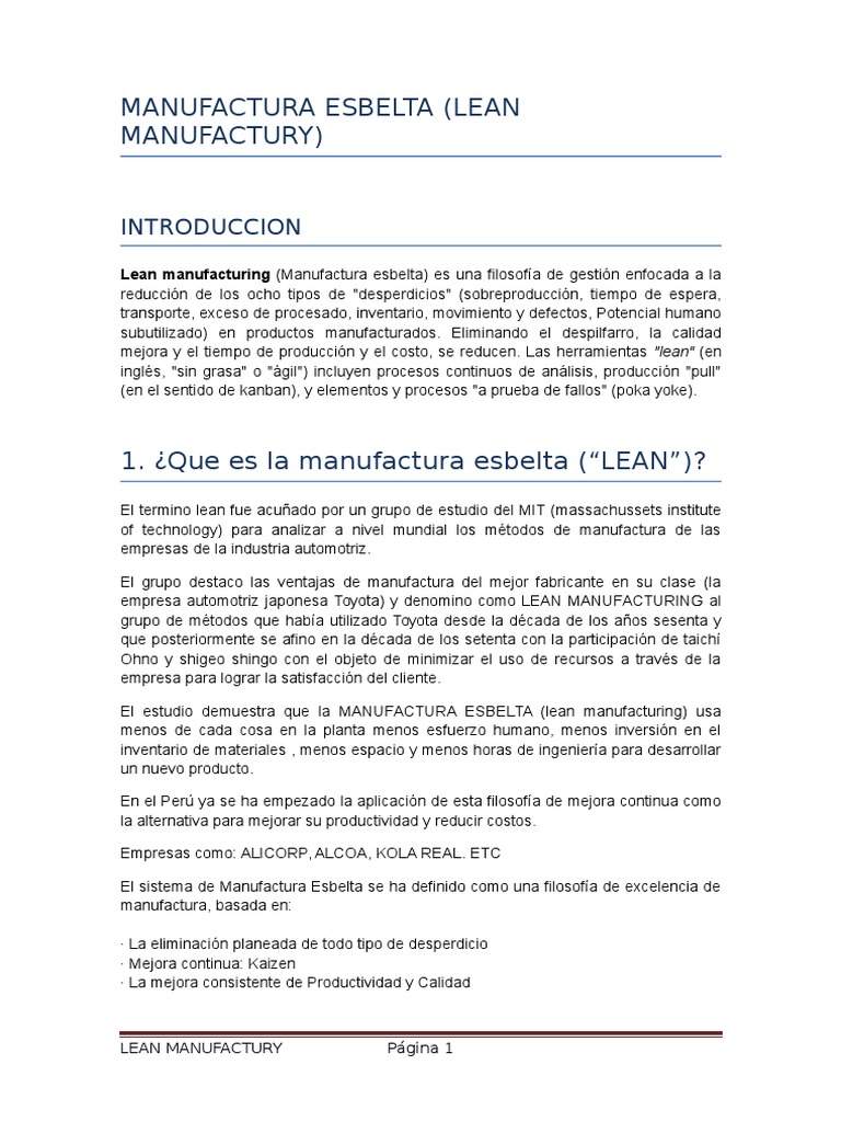 Lean Manufacturing: Una introducción a la filosofía de manufactura esbelta y sus herramientas y ...