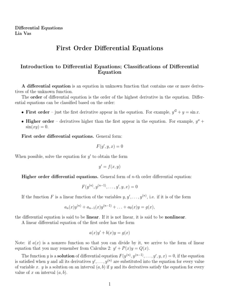 First Order Differential Equations Overview | PDF | Differential ...