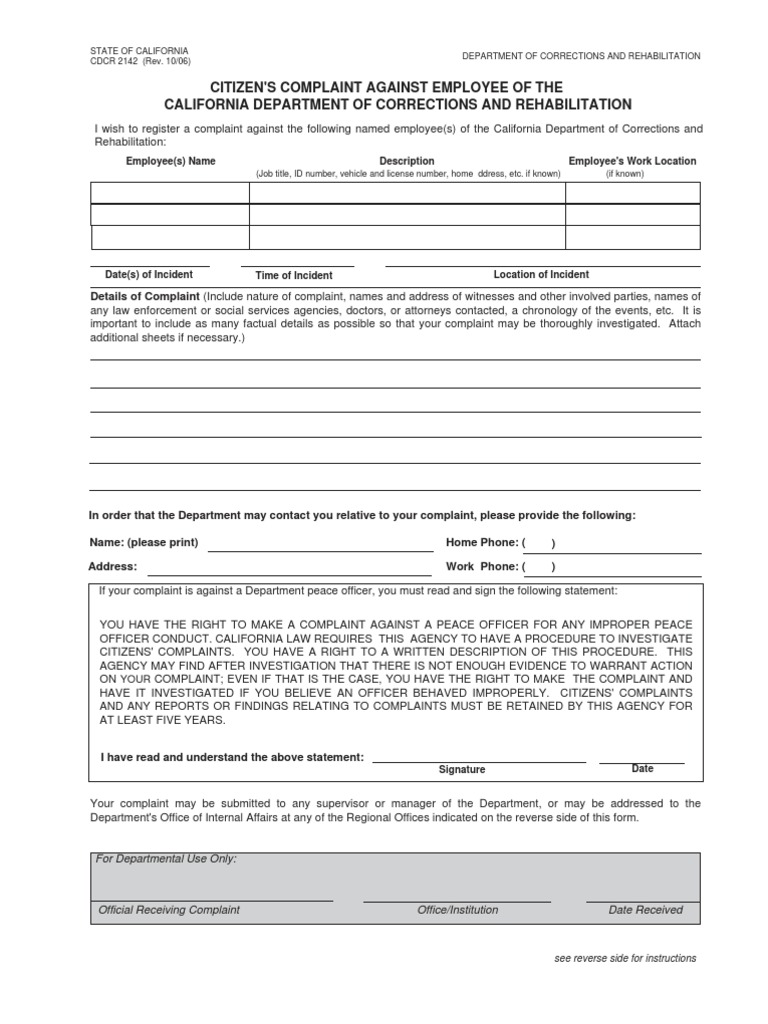 State of California Cdcr 2142 (Rev. 10/06) | California Department Of ...