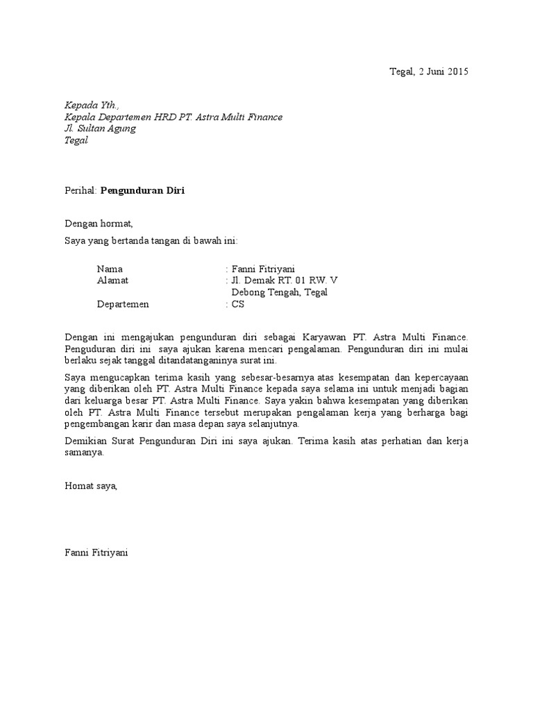 Contoh Surat Pengunduran Diri Karyawan Pdf - Riset