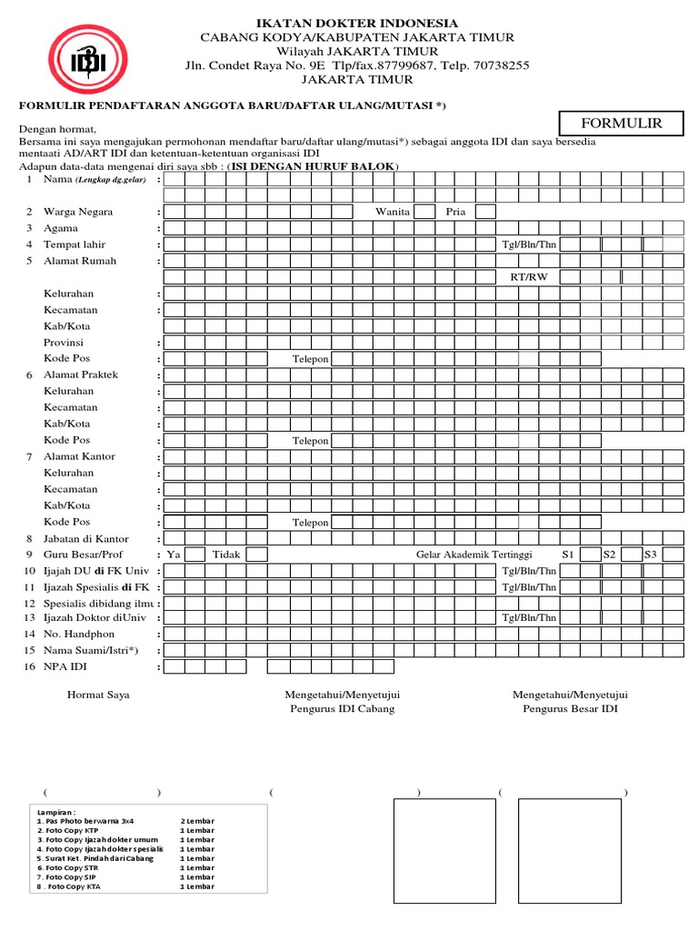 Form Kartu Tanda Anggota (KTA) IDI Cabang Jakarta Timur PDF | PDF