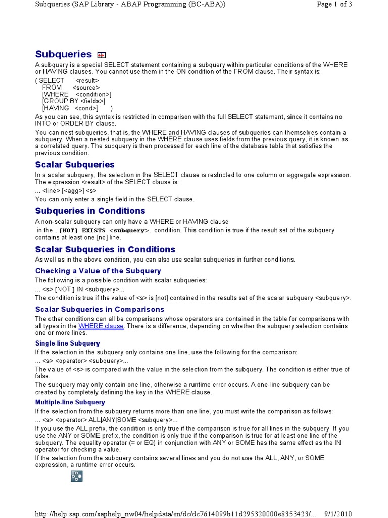 ABAP SubQuery | PDF | Data Management | Databases