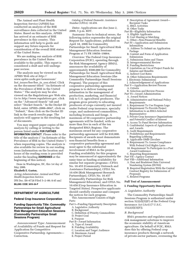 Notice: Grants and Cooperative Agreements Availability, Etc.: Commodity Partnerships For Small ...