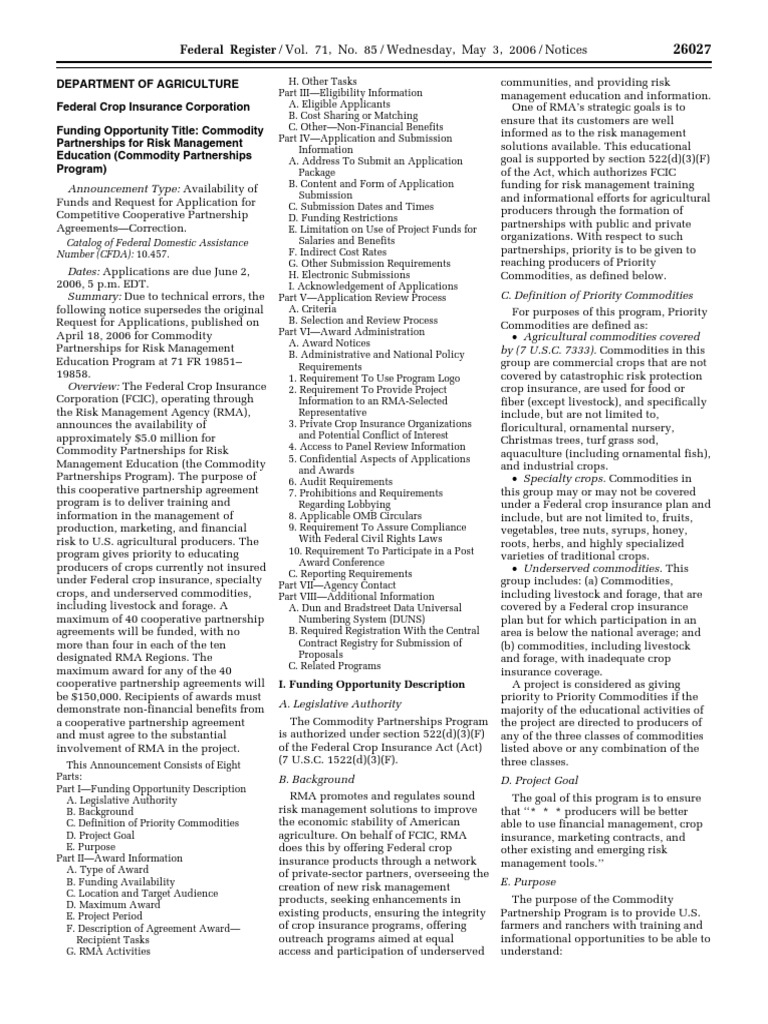 Notice: Grants and Cooperative Agreements Availability, Etc.: Commodity Partnerships For Risk ...