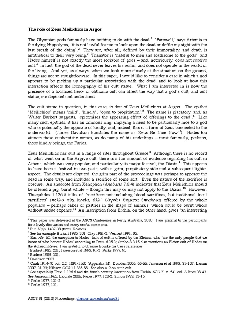 The Role of Zeus Meilichios in Argos | PDF | Zeus | Religion And Belief