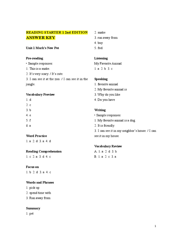 Reading Starter1-Answer Key | PDF | Reading (Process) | Reading ...