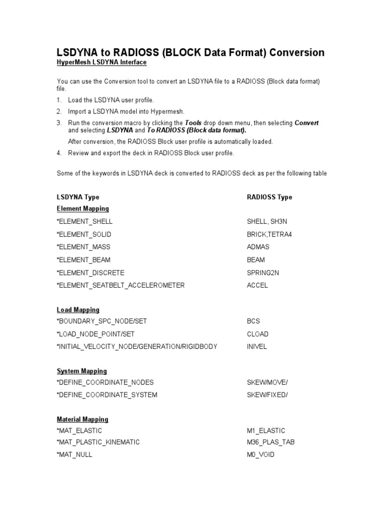Lsdyna To Radioss Block Data Conversion | PDF | File Format | Graphical User Interfaces
