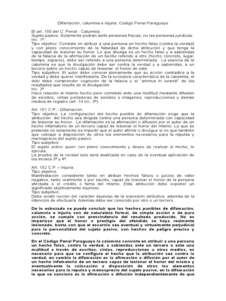 Difamación, calumnia, injuria. | Derecho penal | Difamación