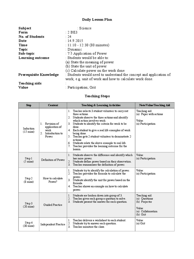 Lesson Plan Example For Application of Power - Form 2 | Lesson Plan ...