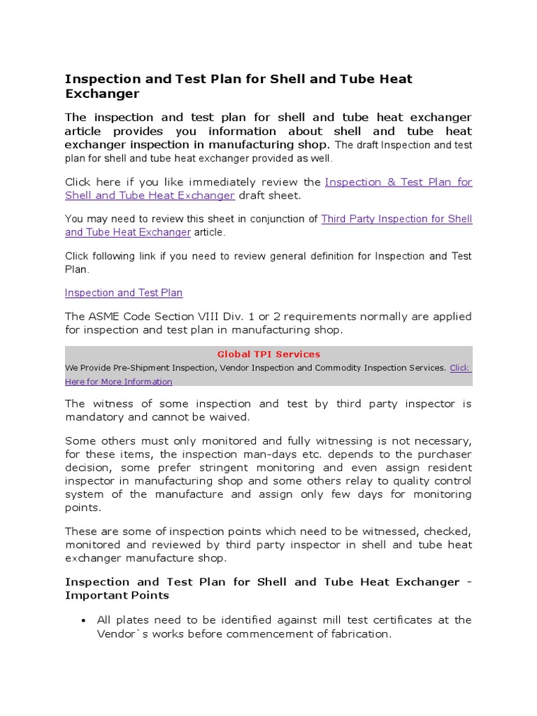 Inspection and Test Plan For Shell and Tube Heat Exchanger | PDF ...