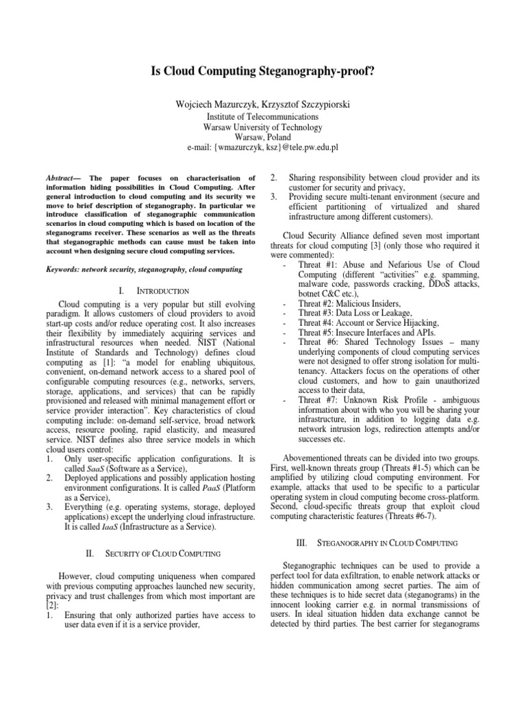 Is Cloud Computing Steganography-Proof?: Wojciech Mazurczyk, Krzysztof ...