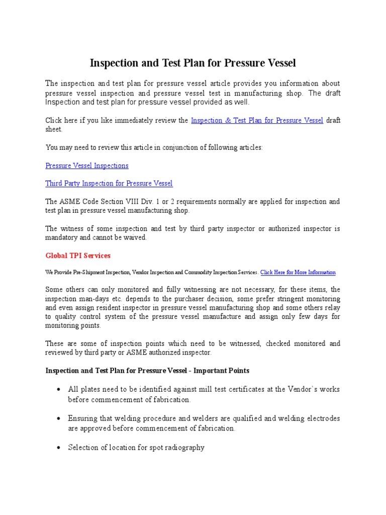 Pressure Vessel Inspection Test Plan | PDF | Welding | Construction