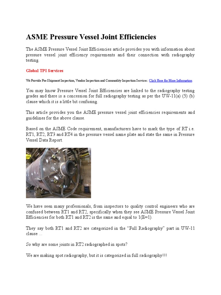 ASME Pressure Vessel Joint Efficiencies | PDF | Welding | Construction