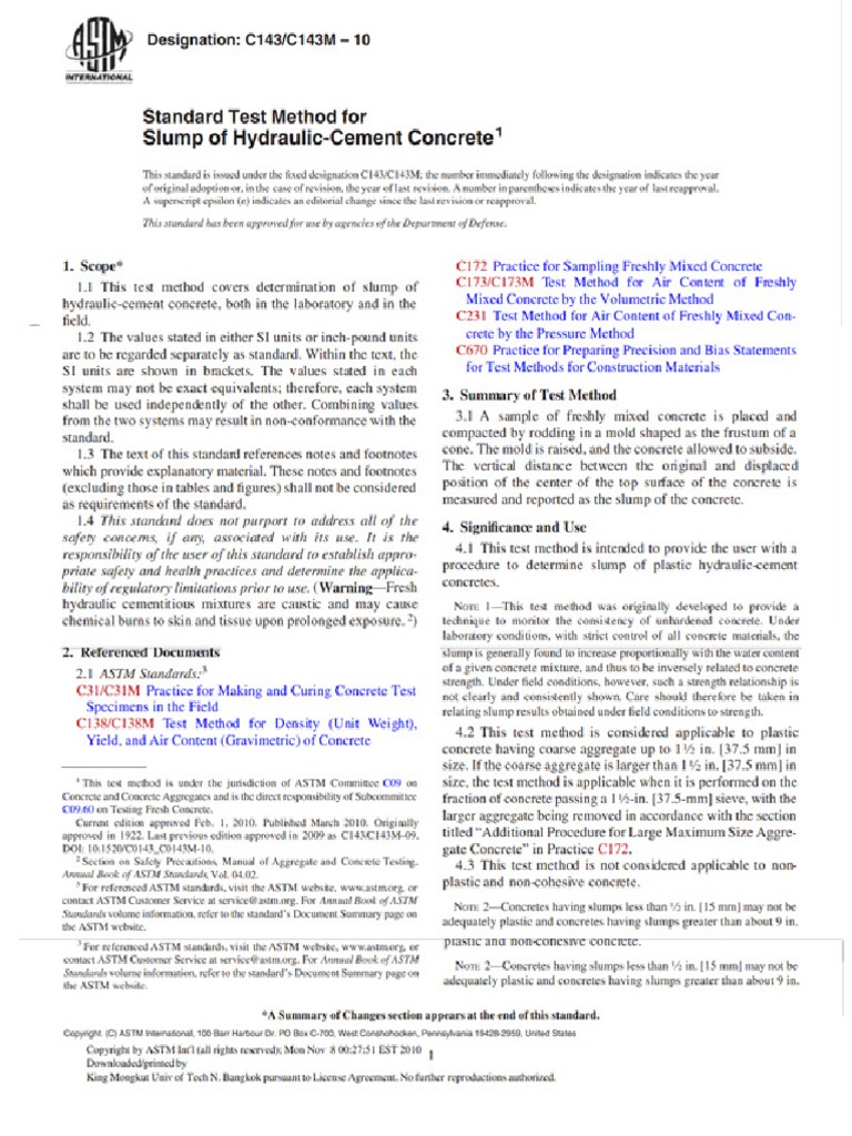 ASTM C143 Slump of Hydraulic Cement Concrete | PDF