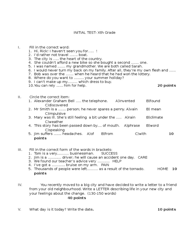 Initial Test - 10th Grade | PDF