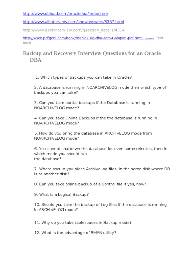 Backup and Recovery Interview Questions For An Oracle DBA | PDF | Oracle Database | Database Index