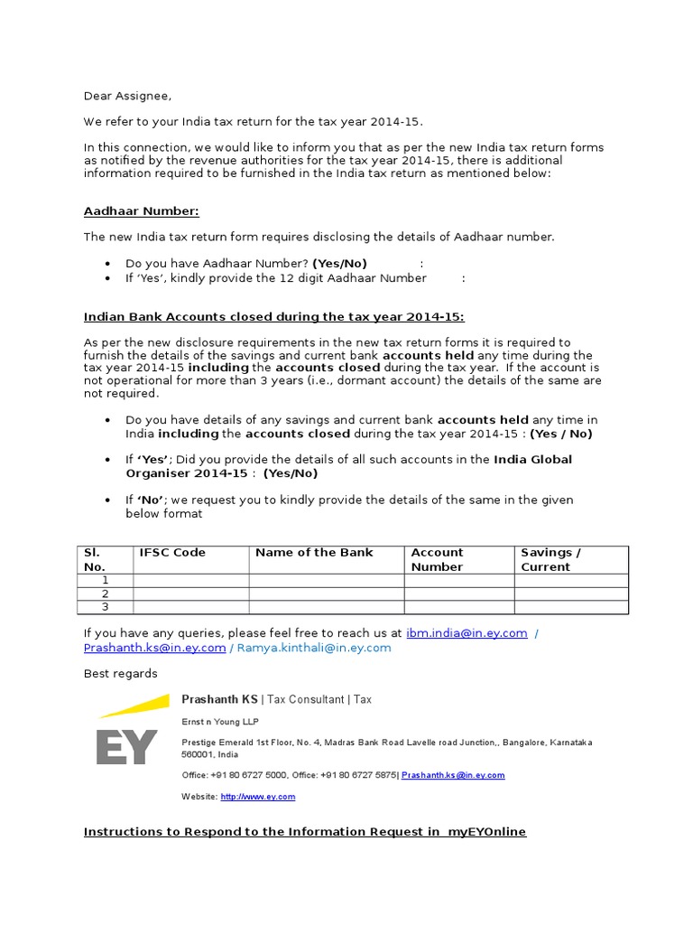 India Tax Return Info Request 2014-15 | PDF