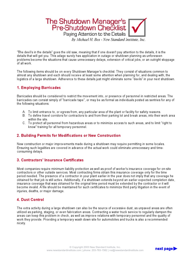 Pre Shutdown Checklist | PDF | Insurance | Copyright